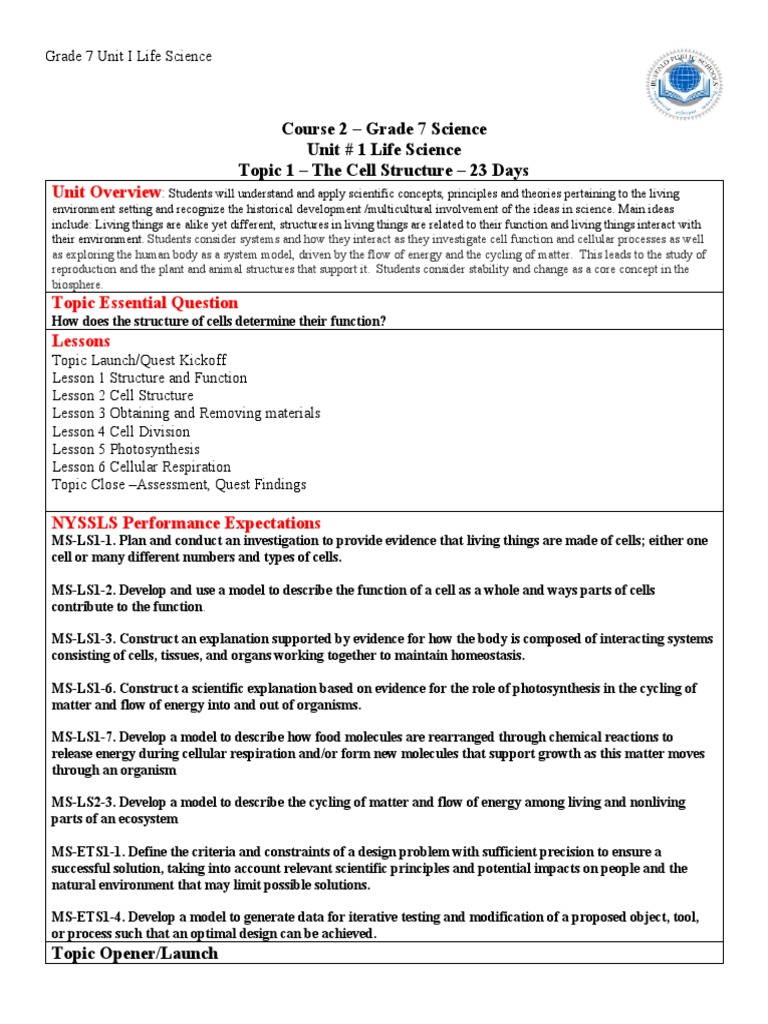 Grade 7 Life Science: Cell Structure Unit | PDF | Life | Cell (Biology)