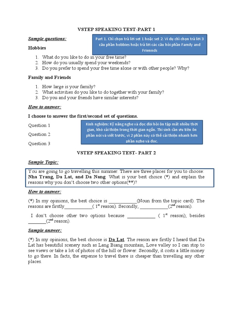 Sample Questions:: Vstep Speaking Test-Part 1 | PDF