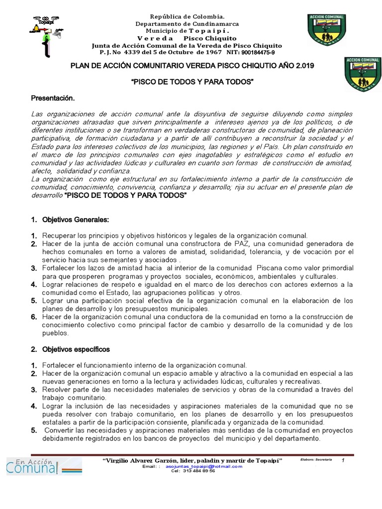 PLAN DE ACCION COMUNAL JAC DE PISCO CHIQUITO Cronograma - Docxi | PDF | Esfera pública | Política