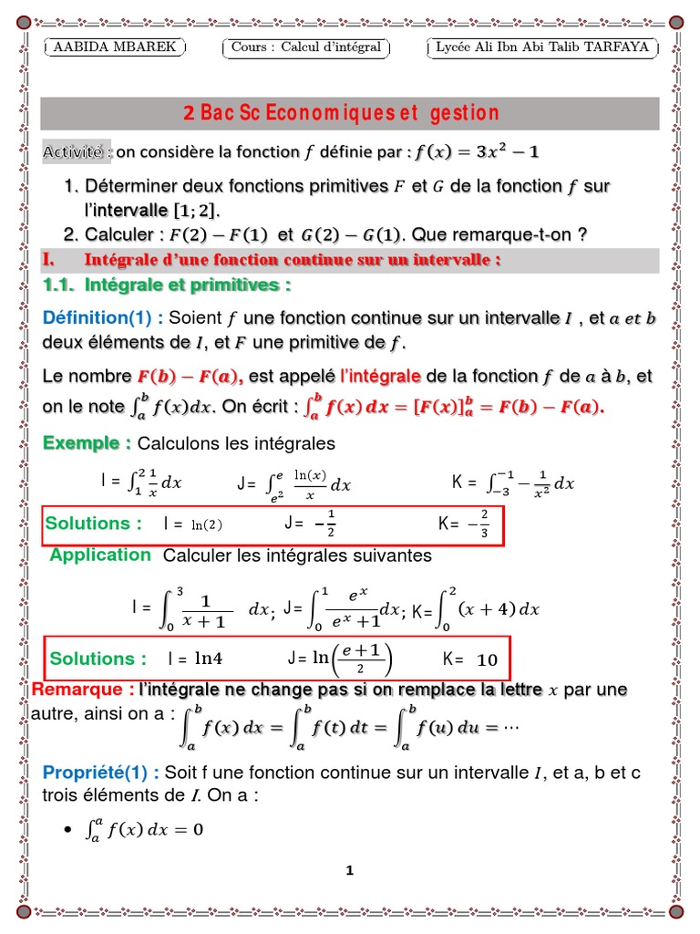 Intégral 2bac Eco | PDF | Intégral | Relations mathématiques
