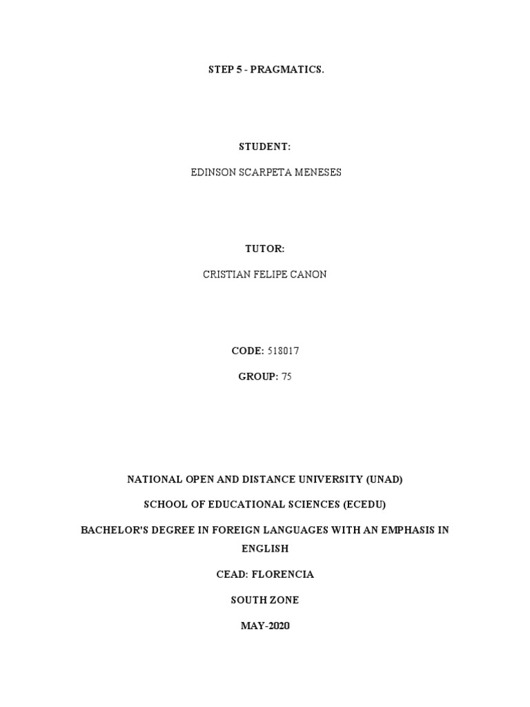 Step 5 - Pragmatics - Edinson - Scarpeta. | PDF | Linguistics | Word