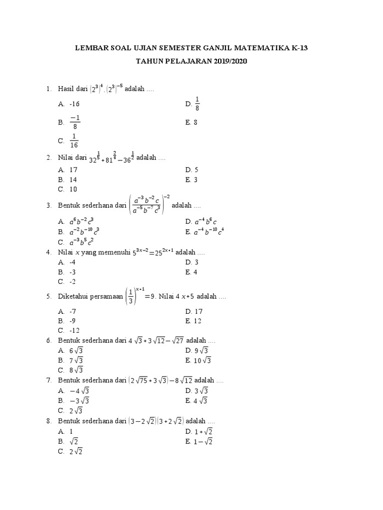 Lembar Soal Ujian Semester Ganjil Matematika K | PDF | Metode & Bahan Ajar