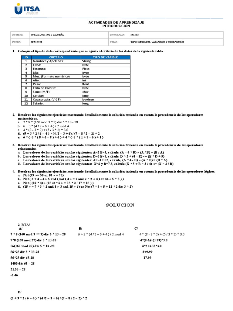 Tipos De Datos Variables Y Operadores Pdf Lógica Matemática Modelado Científico