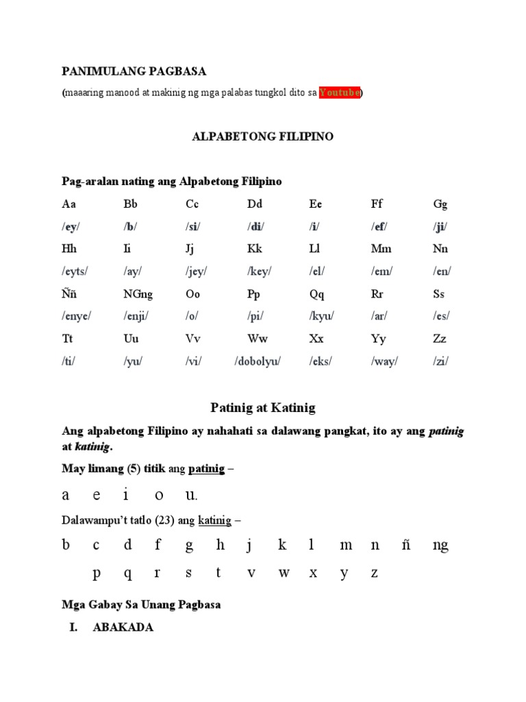 FILIPINO 1 - Panimulang Pagbasa | PDF