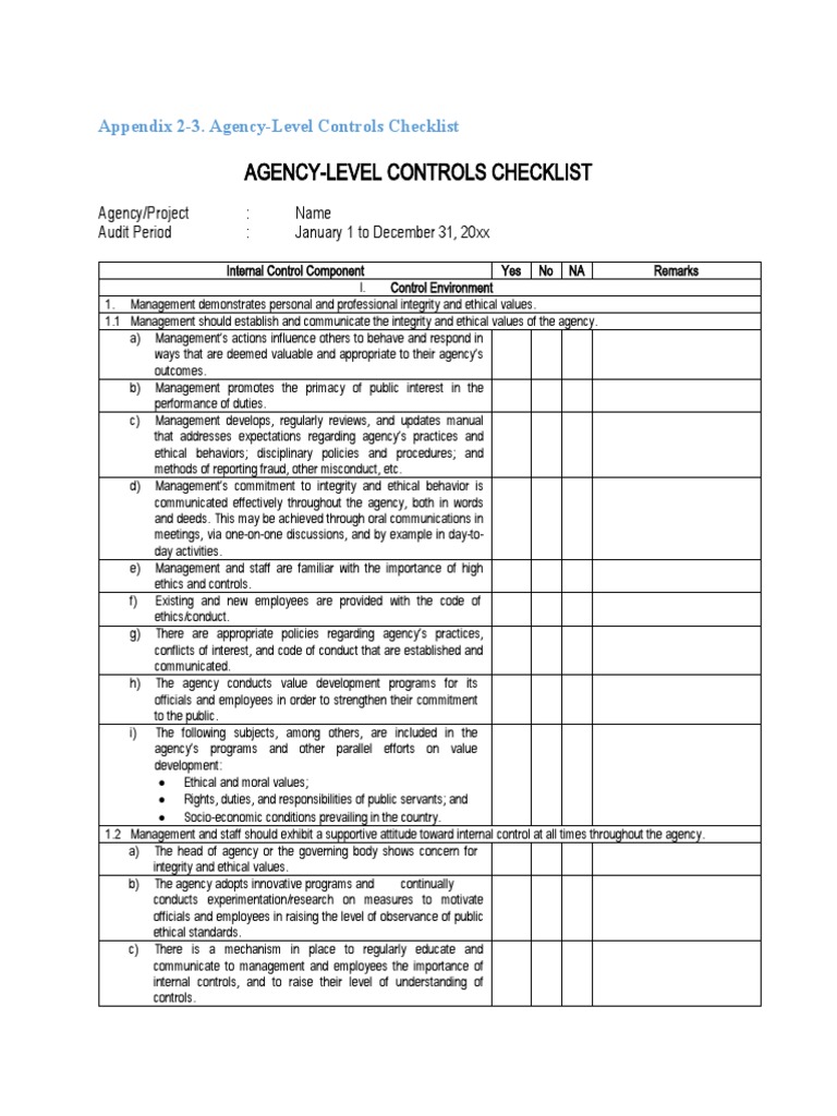 Appendix 2-3. Agency-Level Controls Checklist | PDF | Internal Control ...