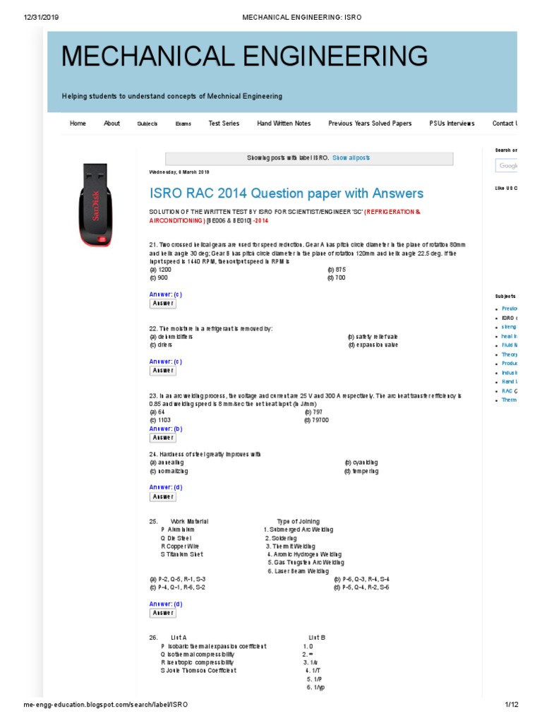 Mechanical Engineering Mechanical Engineering: ISRO RAC 2014 Question ...