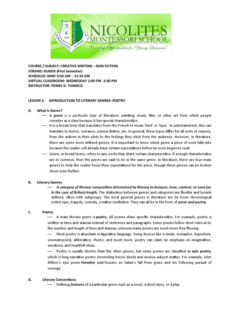 Lesson 2 Introduction To Literary Genres MW | PDF | Genre | Poetry