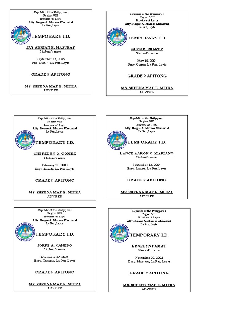 Temporary Student ID Cards Leyte | PDF