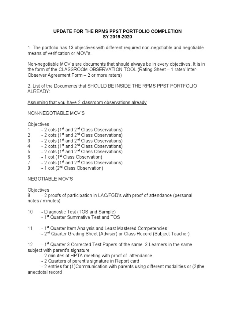 Update For The RPMS PPST Portfolio Completion | PDF | Pedagogy | Teaching