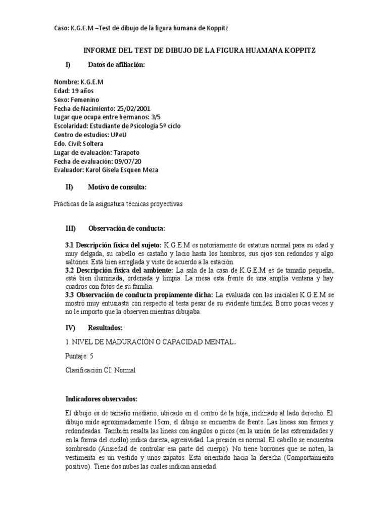 Informe Interpretativo de Test de DFH Koppitz | PDF | Acción (filosofía ...