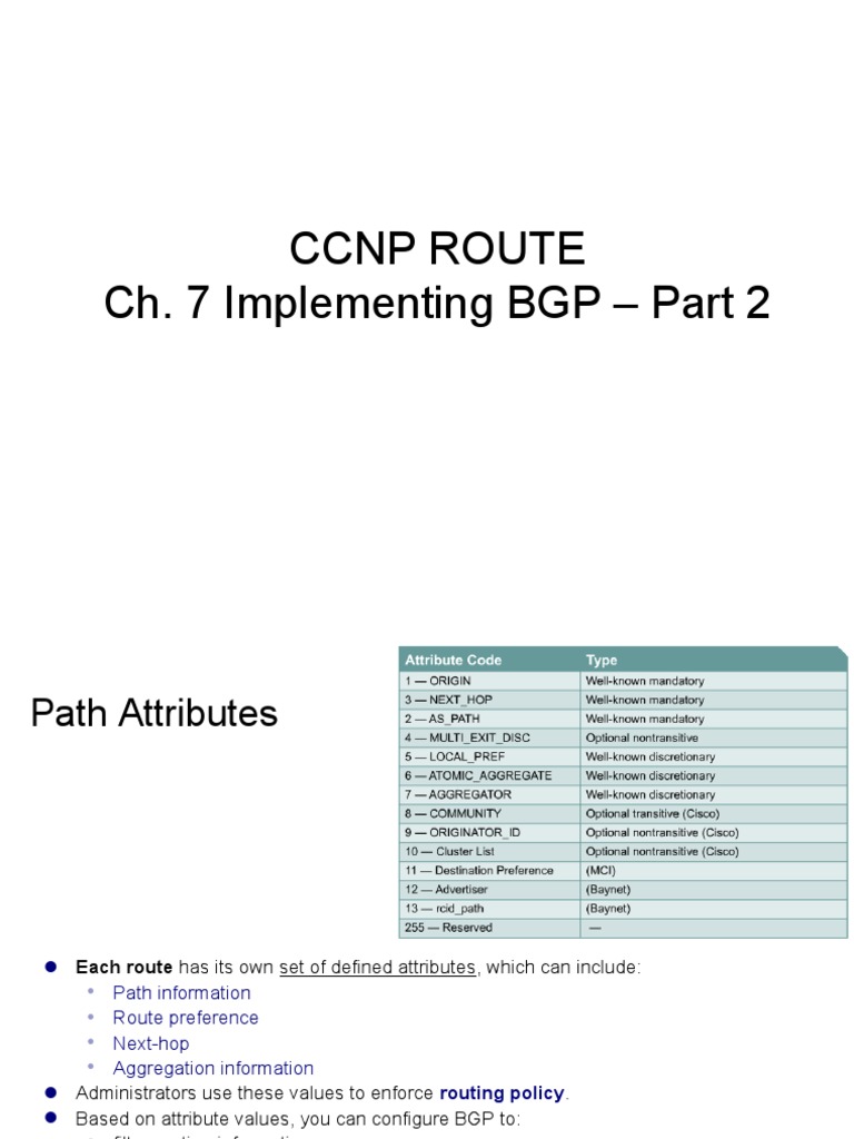 CCNP Route Ch. 7 Implementing BGP - Part 2 | PDF | Router (Computing) | Routing