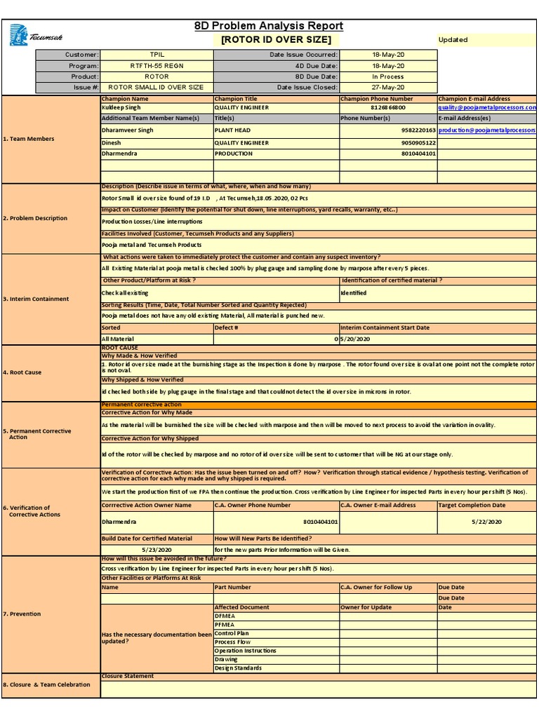 8D Problem Analysis Report: (Rotor Id Over Size) | PDF | Business