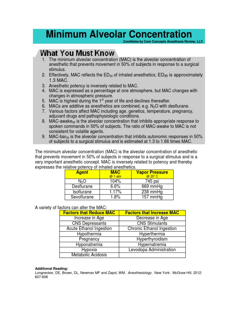 Minimum Alveolar Concentration: Ed Is Approximately 1.3 MAC | PDF | Clinical Medicine | Anesthesia