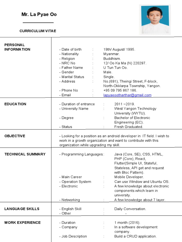 Mr. La Pyae Oo: Curriculum Vitae | PDF | Software | Computing
