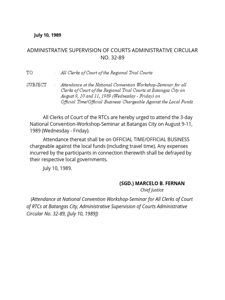 Administrative Supervision of Courts Administrative Circular No. 32-89 ...