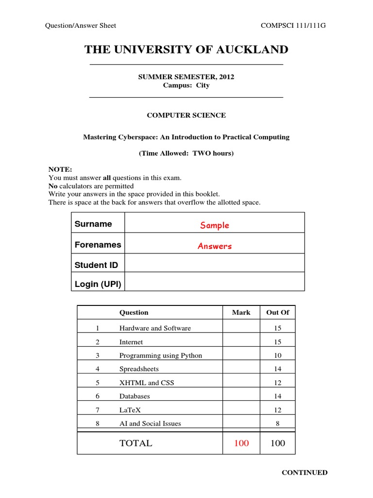 COMPSCI 111/111G Summer Semester 2012 Exam Question and Answer Sheet | PDF | Computer Science ...