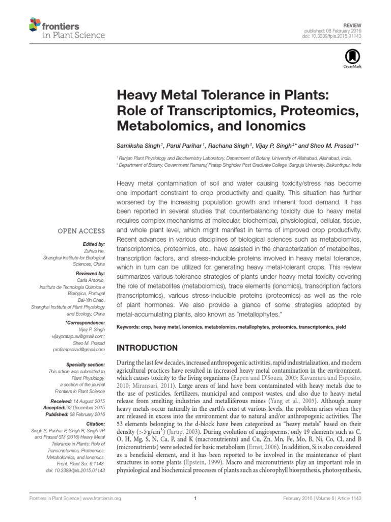 Heavy Metal Tolerance in Plants: Role of Transcriptomics, Proteomics ...