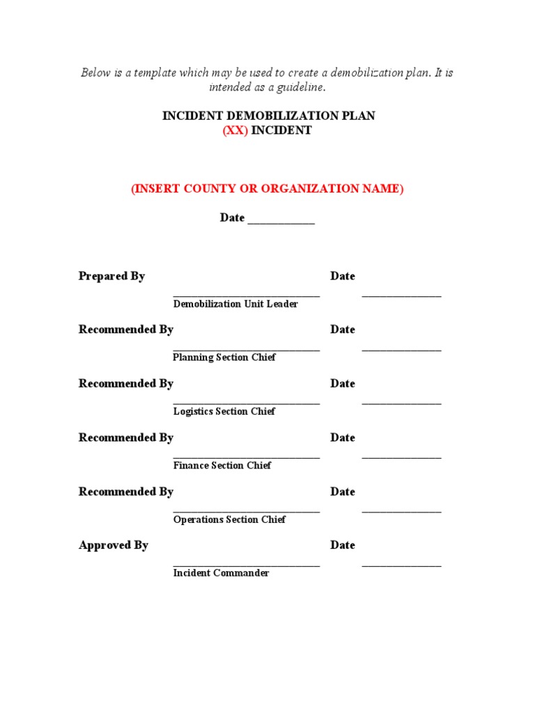 Below Is A Template Which May Be Used To Create A Demobilization Plan ...