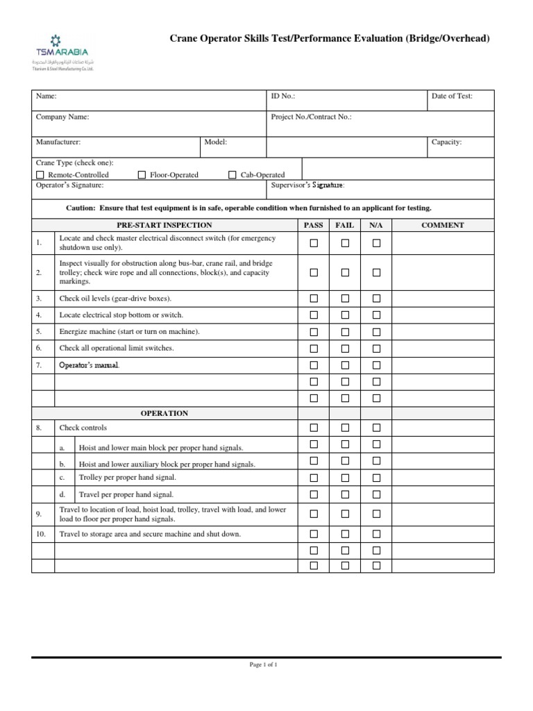 Crane Operator Skills Test/Performance Evaluation (Bridge/Overhead) | PDF