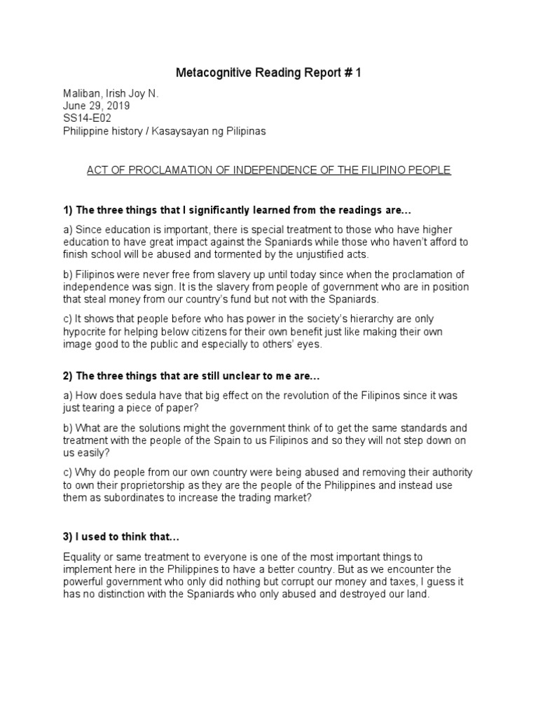 Metacognitive Reading Report # 1: 1) The Three Things That I ...