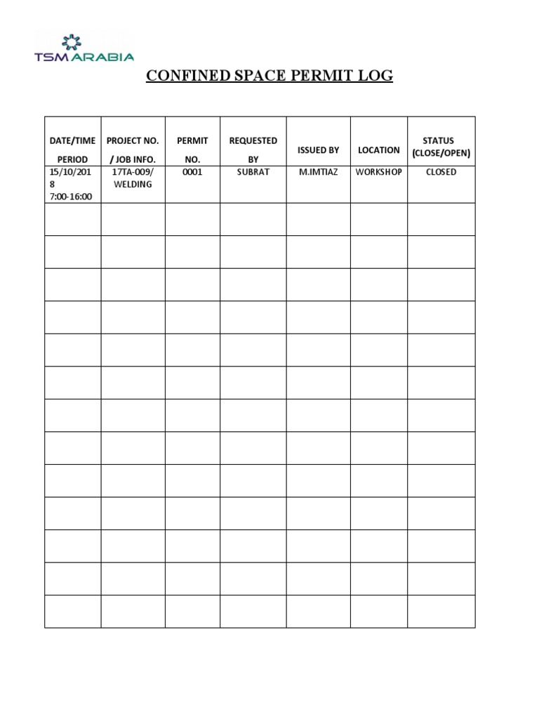 Confined Space Permit Log | PDF