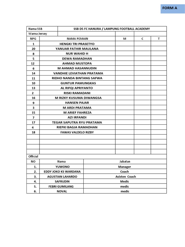 Contoh Form Data Pemain | PDF