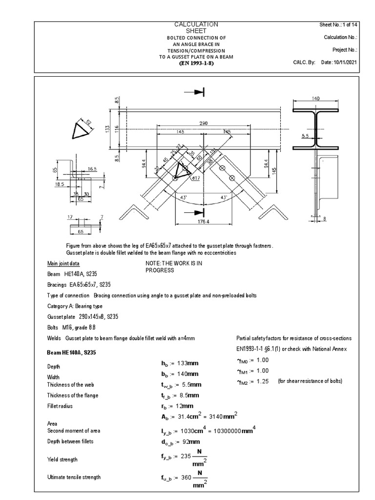 Mathcad - Angle Bracing Connected To A Gusset Plate On Beam | PDF ...