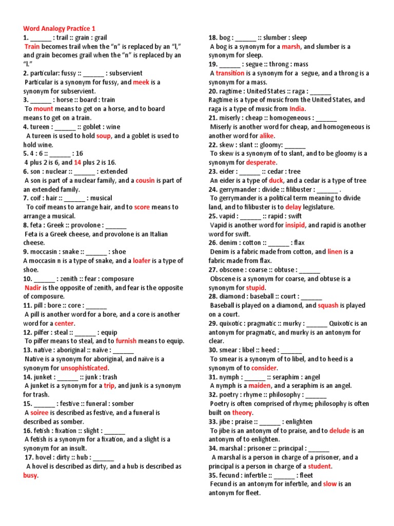 Word Analogy Practice 1 Train Marsh | PDF | Nature