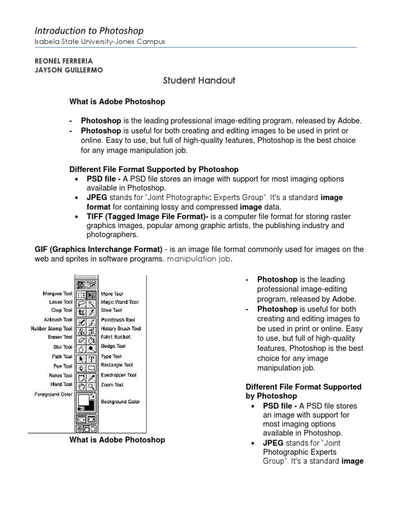 Introduction To Photoshop: Student Handout | PDF | Adobe Photoshop ...