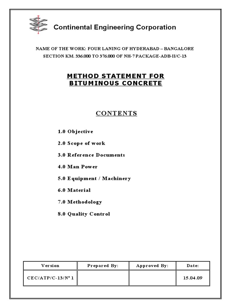 Continental Engineering Corporation: Method Statement For Bituminous ...