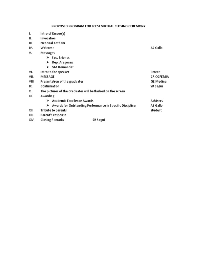 Proposed Program For Lcest Virtual Closing Ceremony | PDF