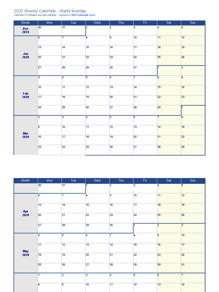2020 Weekly Calendar - Starts Monday: Month Mon Tue Wed Thu Fri Sat Sun ...