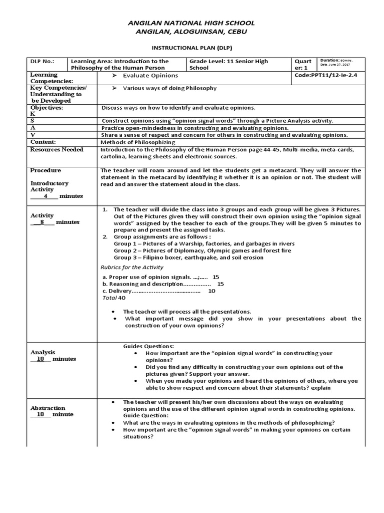Angilan National High School Angilan, Aloguinsan, Cebu: Evaluate ...