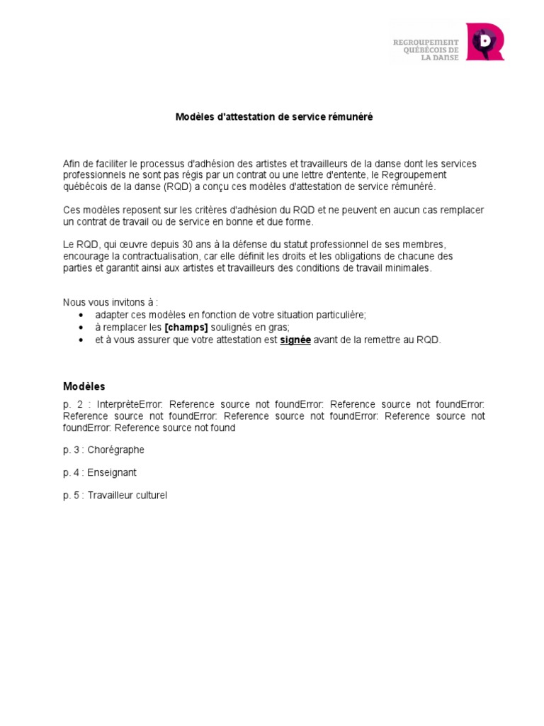 Modèles d'attestation de service rémunéré | PDF | Québec | Travail