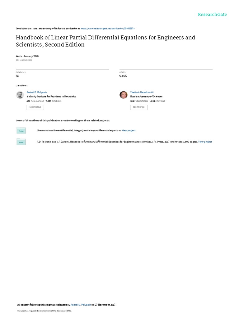 Handbook of Linear Partial Differential Equations For Engineers and Scientists, Second Edition ...