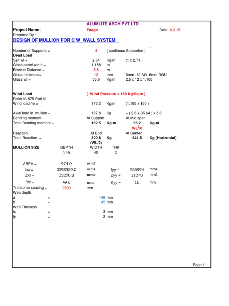 Design of Mullion For C W Wall System: Project Name | PDF | Materials ...