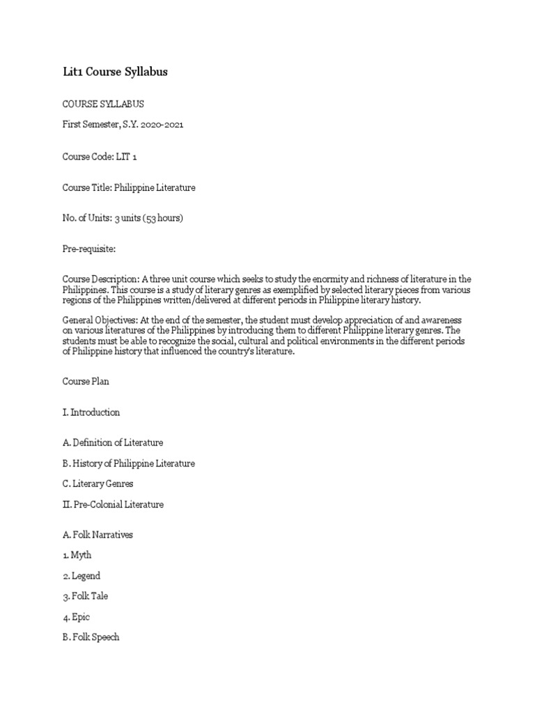 Lit1 Course Syllabus Pdf Epic Poetry Philippines
