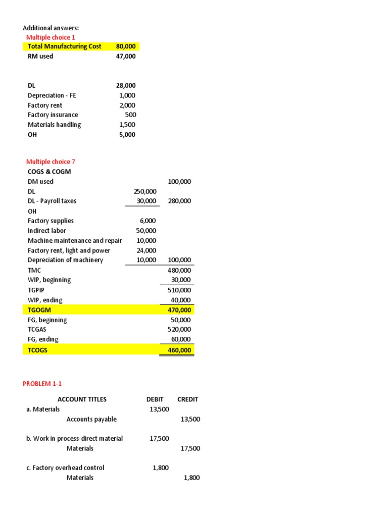 Additional Answers Exercises COGM-COGS-JEs PDF | PDF | Cost Of Goods ...