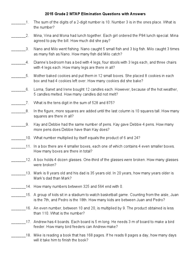 2015 Grade 2 MTAP Elimination Questions With Answers | PDF | Area ...