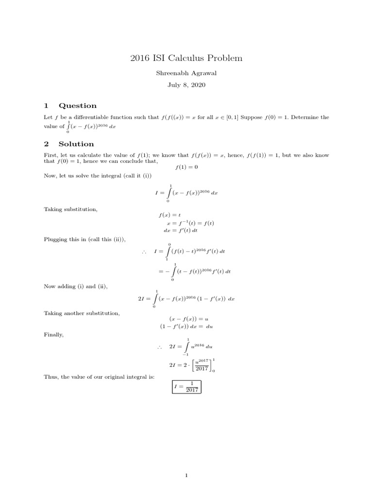 2016 ISI Calculus Problem | PDF | Applied Mathematics | Theoretical Physics