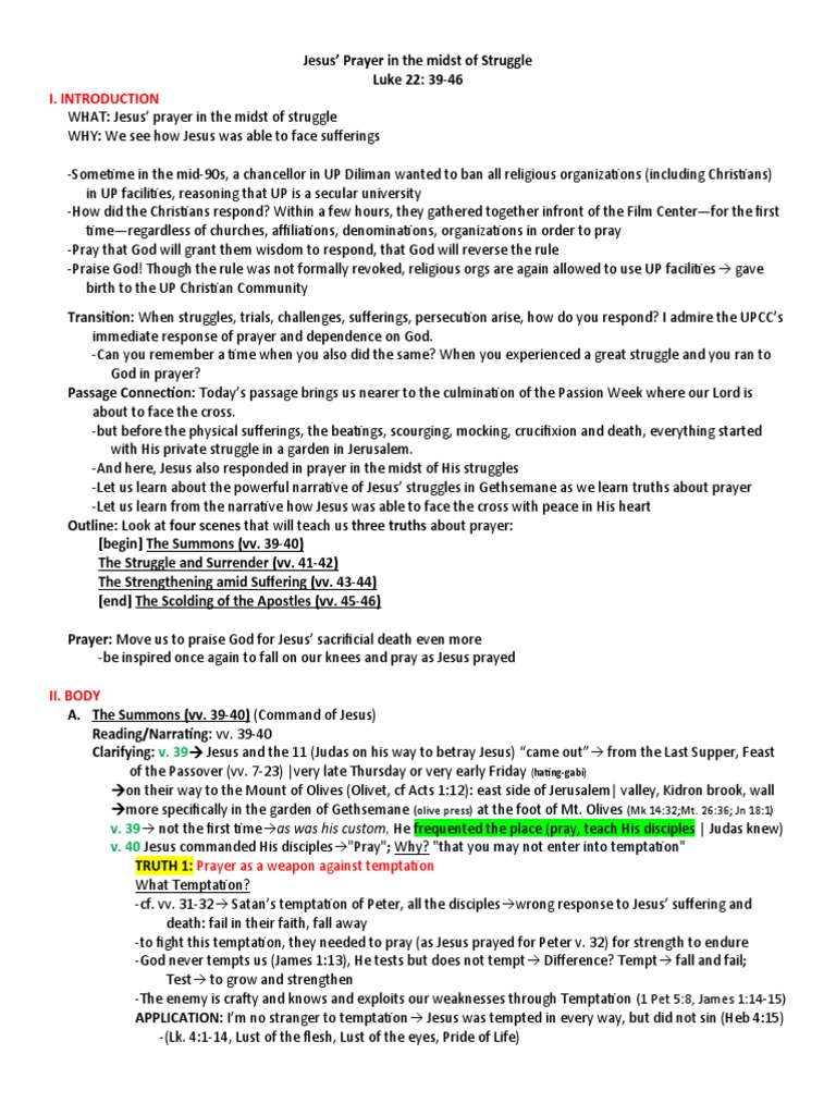 19-04-14 Luke 22 - 39-46 Jesus' Prayer in The Midst of Struggle | PDF ...