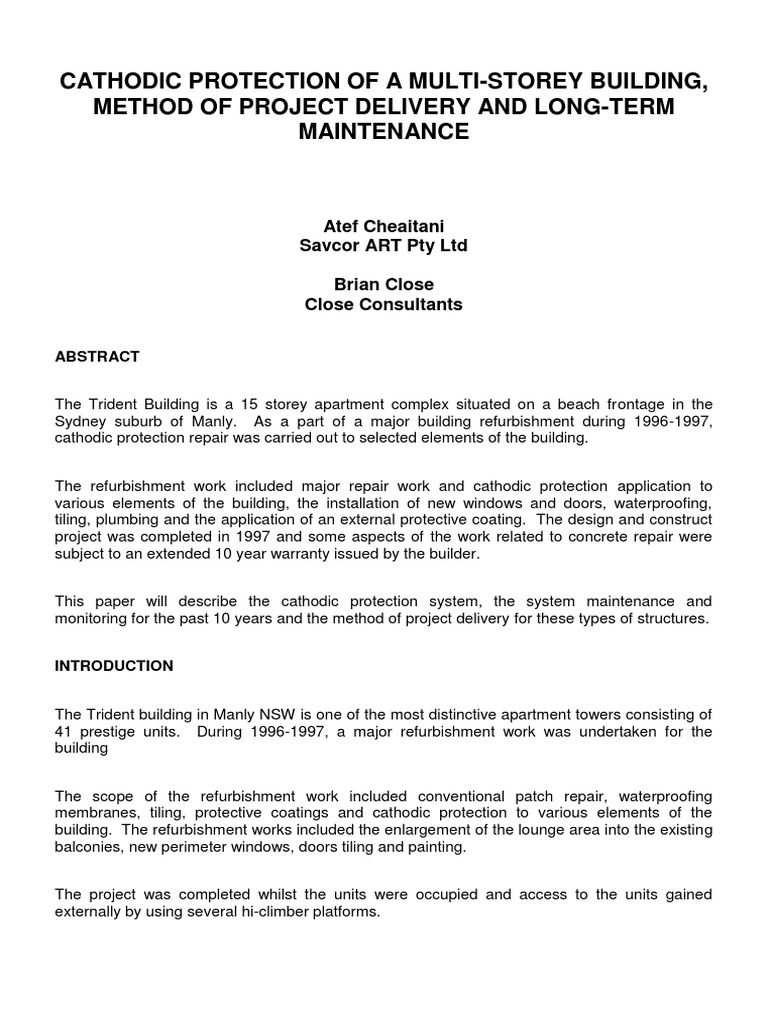 Cathodic Protection of A Multi-Storey Building, Method of Project ...
