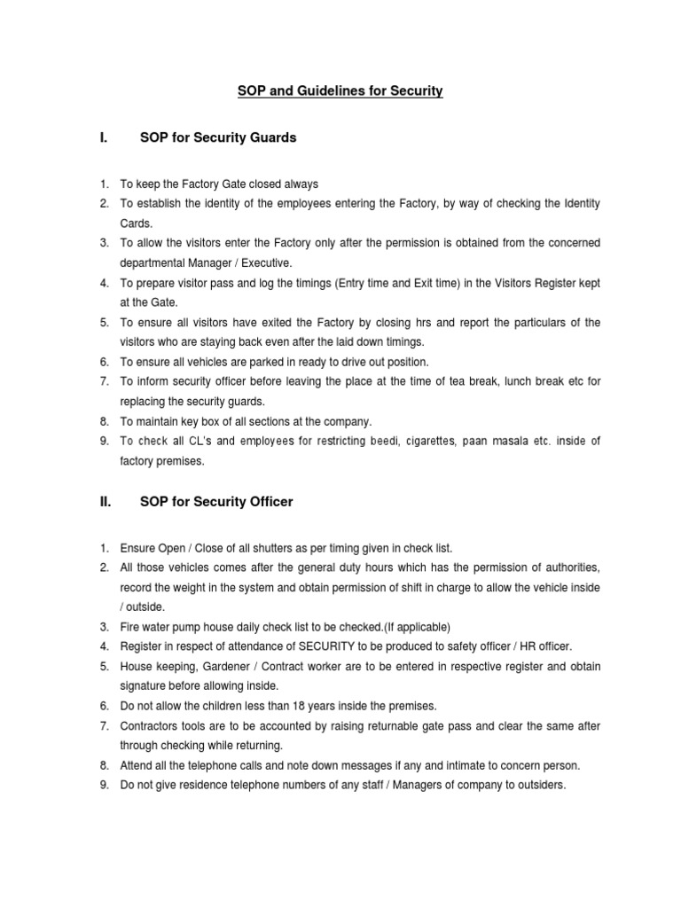 SOP and Guidelines For Security | PDF | Security Guard | Firefighter