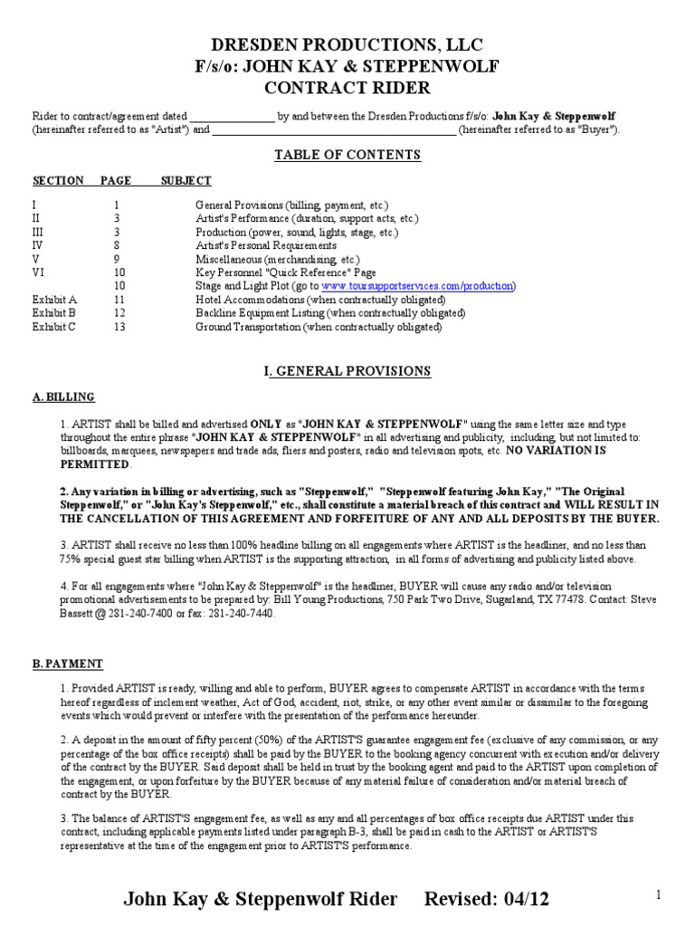 Rider - John-Kay-Steppenwolf-Production-Rider-2012 | PDF | Drum Kit ...