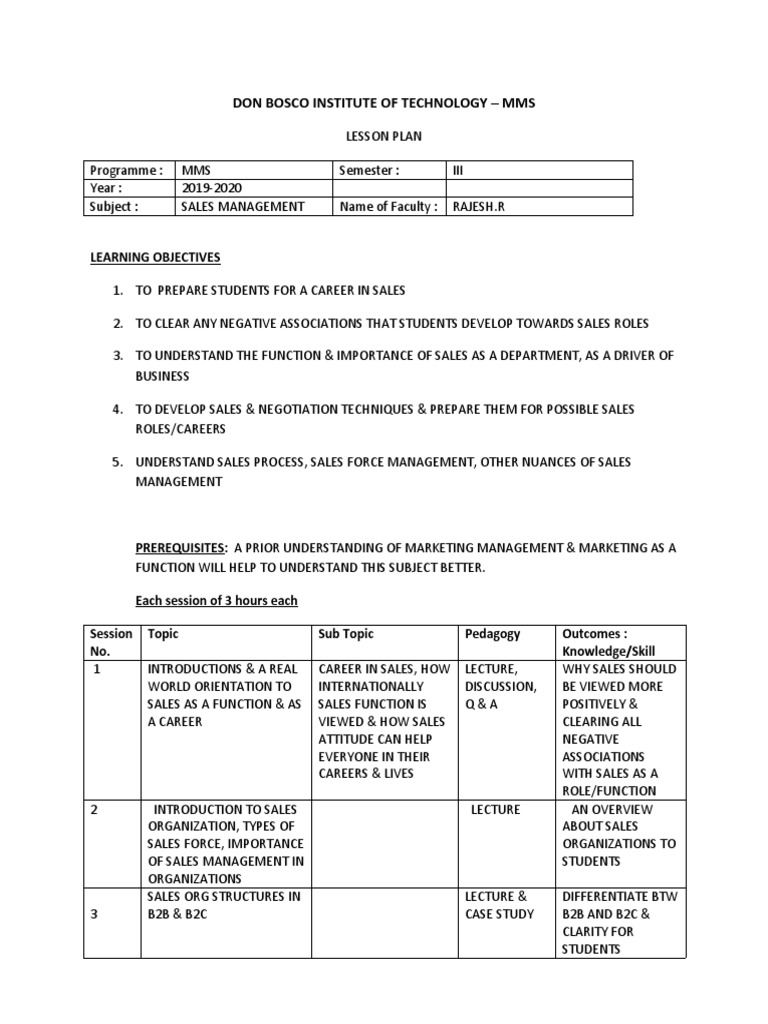 Sales Management Lesson Plan for MMS | PDF | Sales | Marketing