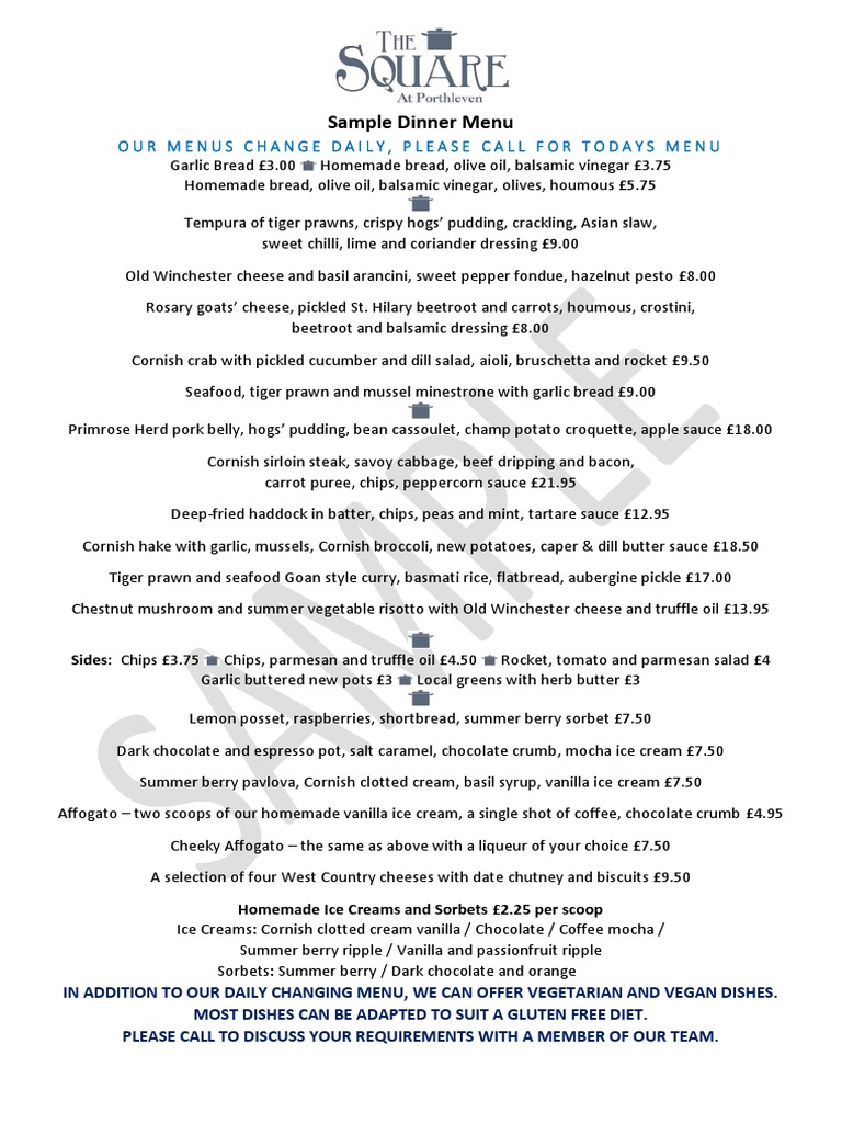 Sample Dinner Menu: Our Menus Change Daily, Please Call For Todays Menu ...