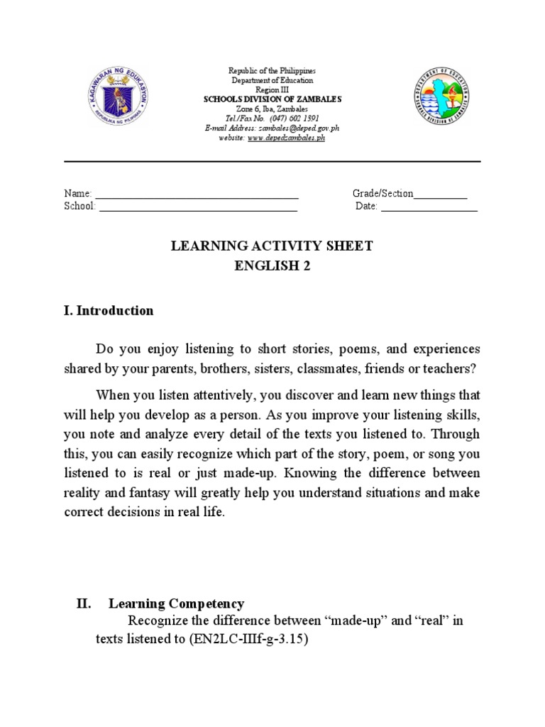 Learning Activity Sheet English 2 | PDF | Reality | Fantasy