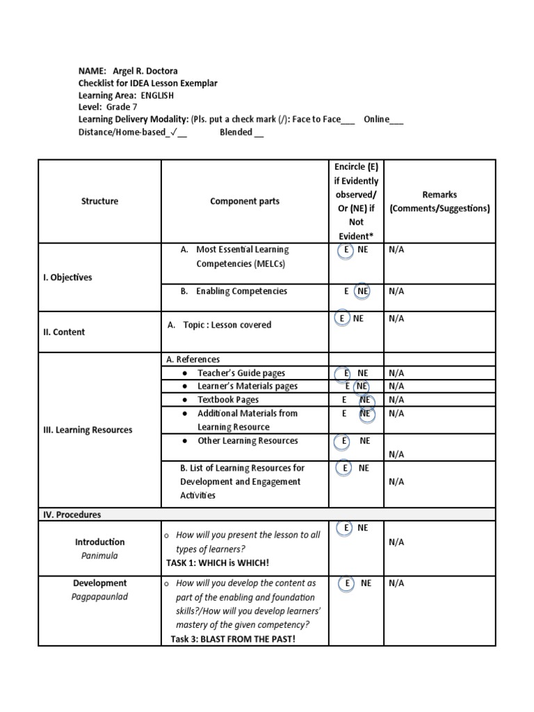Checklist For IDEA Lesson Exemplar ARGELDOCTORA | PDF | Change | Learning