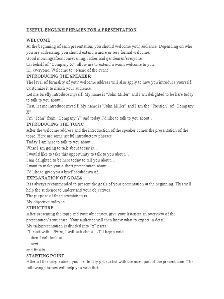 Useful English Phrases For A Presentation | PDF | Phrase | Communication