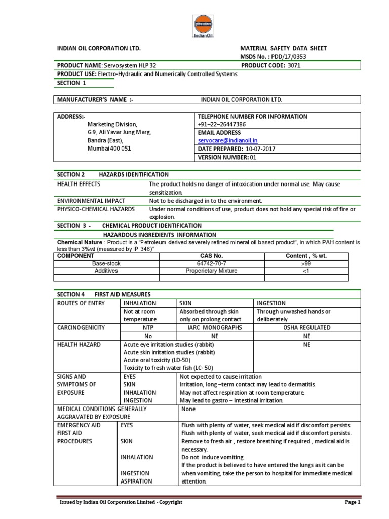 MSDS 3017 Servosystem HLP 32 | PDF | Combustion | Water